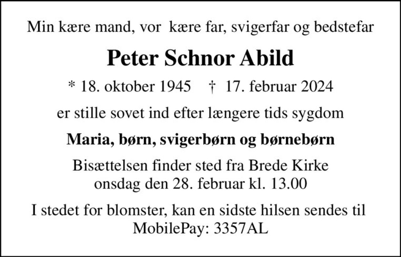 Peter Schnor Abild | Dødsannoncer i Danmark