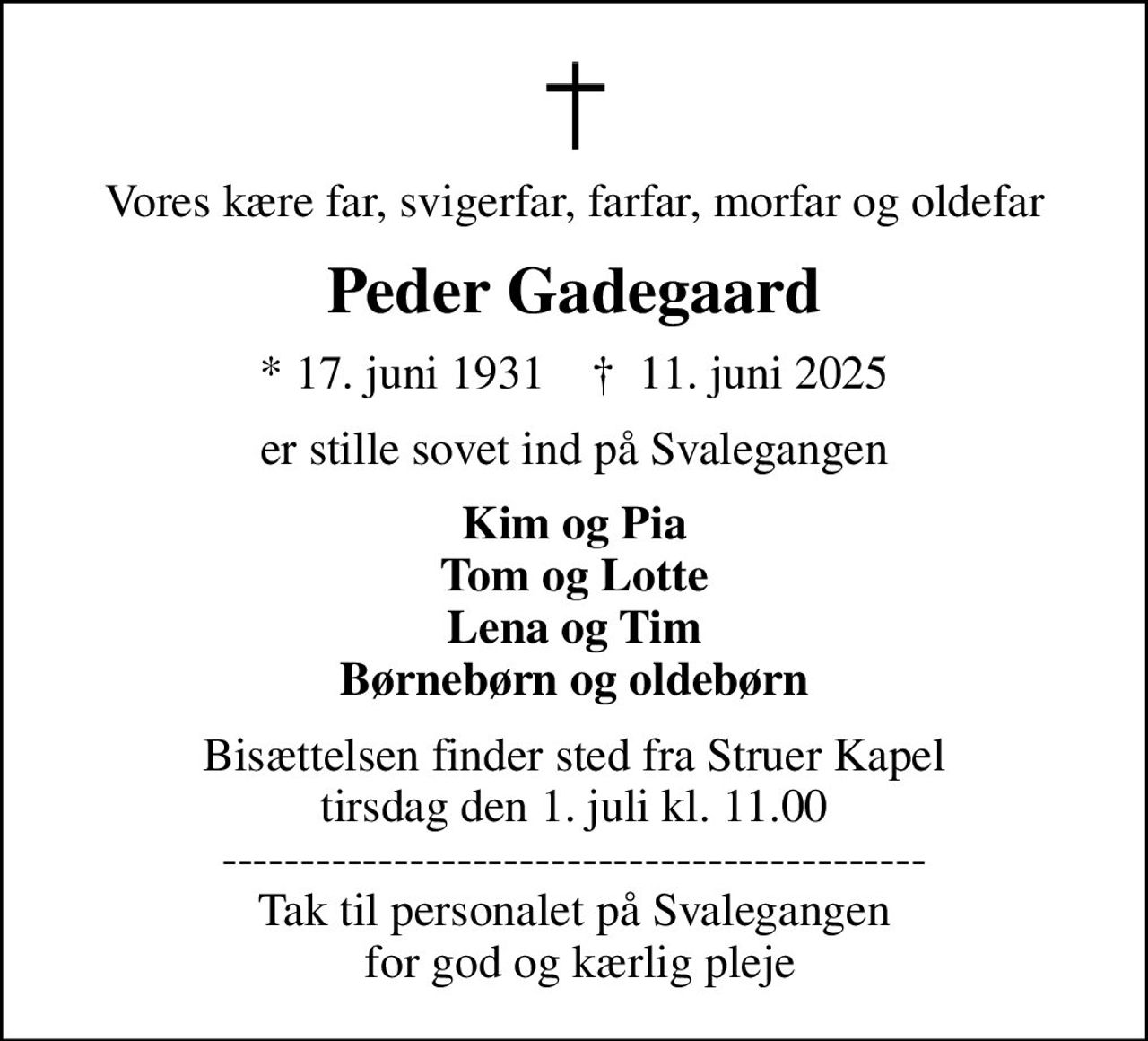 Peder Gadegaard | Dødsannoncer i Danmark