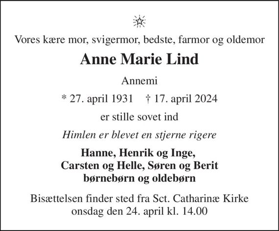 Anne Marie Lind | Dødsannoncer i Danmark