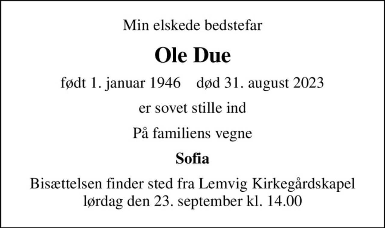 Ole Thage Due | Dødsannoncer i Danmark