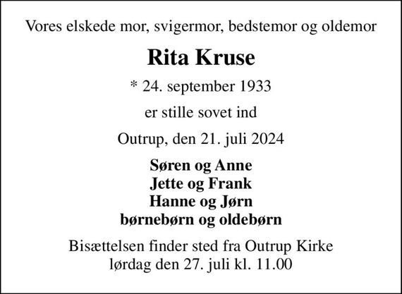 Rita Kruse | Dødsannoncer i Danmark