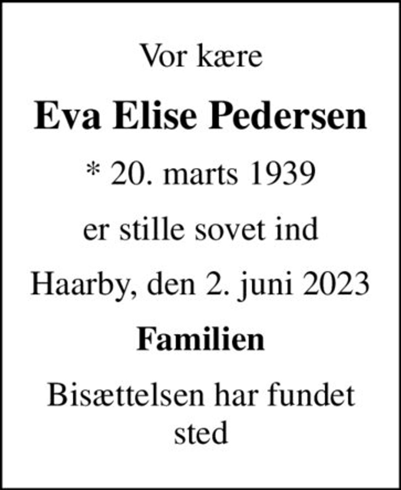 Eva Elise Pedersen | Danmarks største medie for mindesider og dødsannoncer