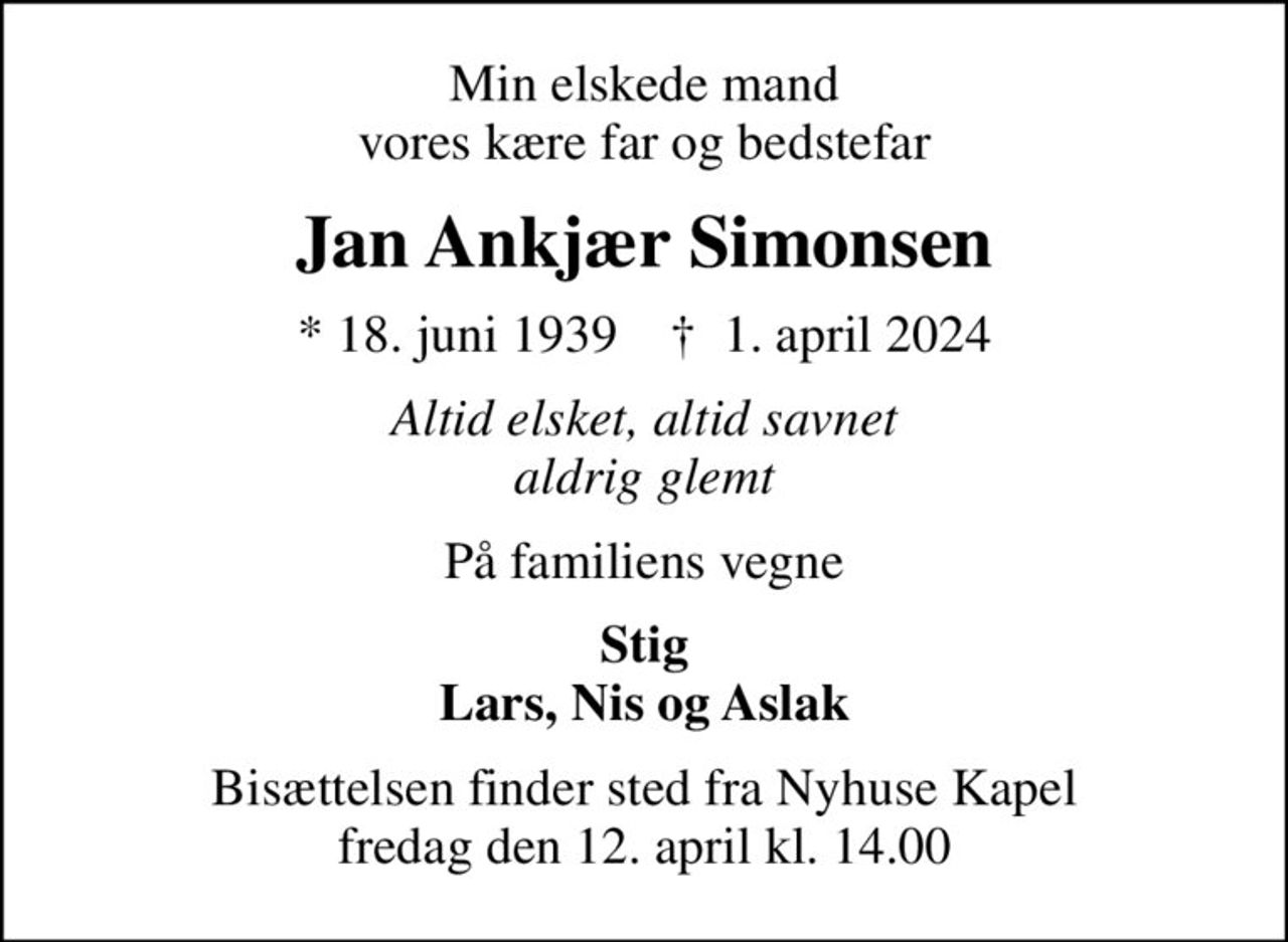 Jan Ankjær Simonsen | Danmarks største medie for mindesider og dødsannoncer
