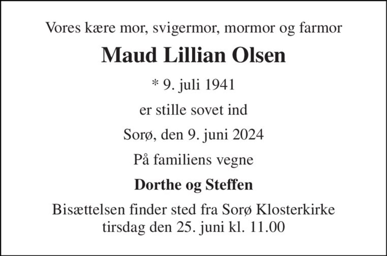 Maud Lillian Olsen | Dødsannoncer i Danmark