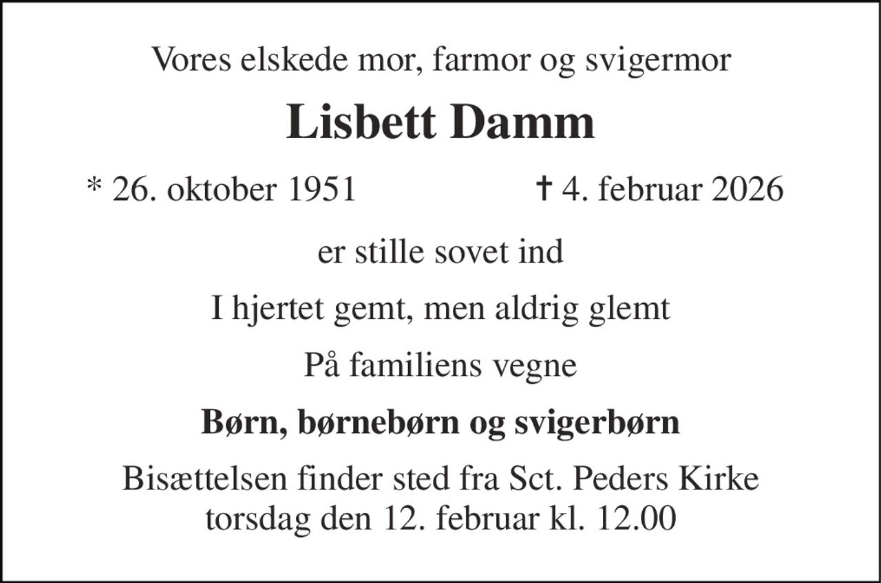 Lisbett Damm | Danmarks største medie for mindesider og dødsannoncer