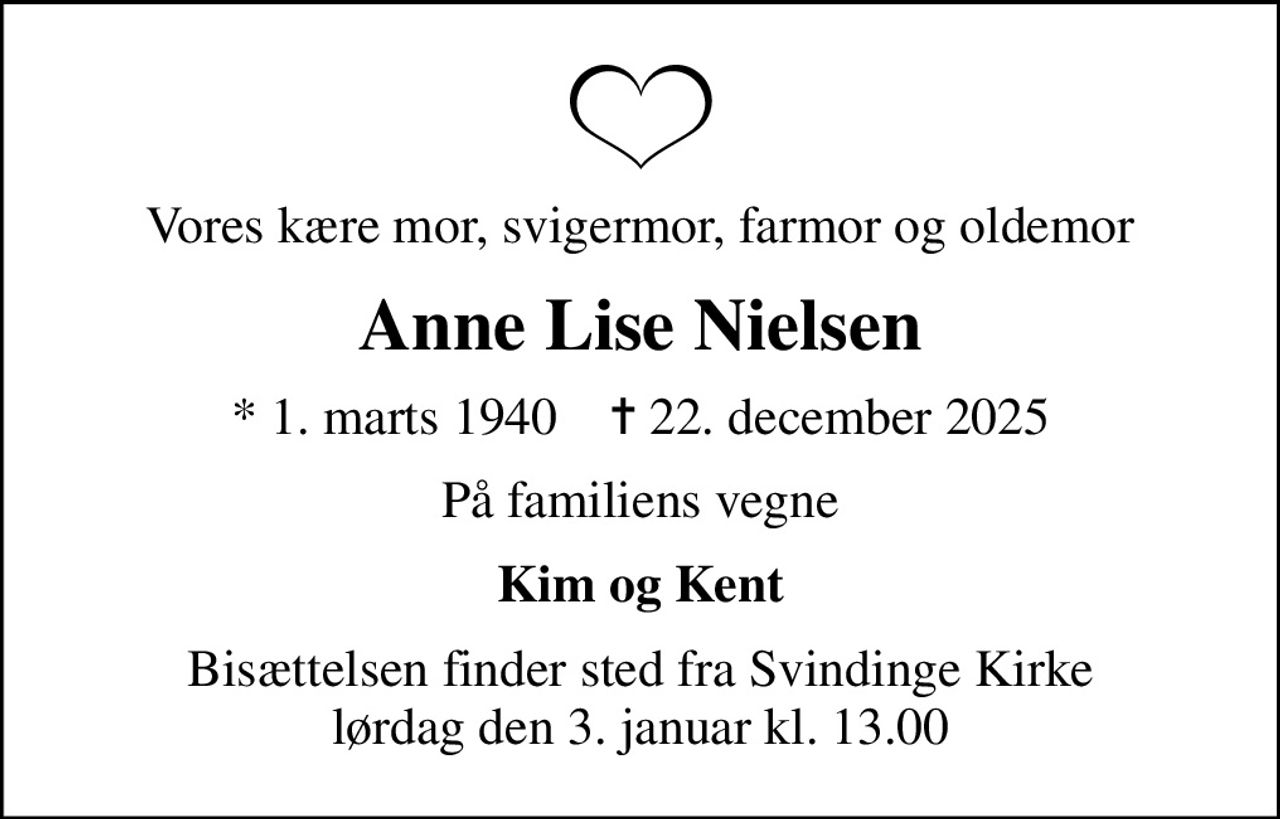 Anne Lise Nielsen | Danmarks største medie for mindesider og dødsannoncer