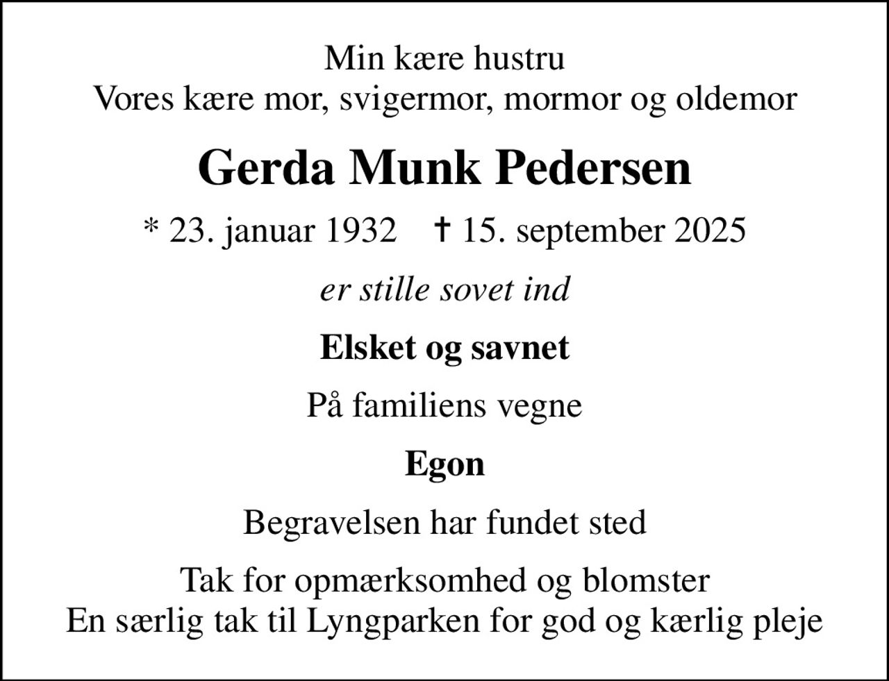 Gerda Munk Pedersen | Dødsannoncer i Danmark