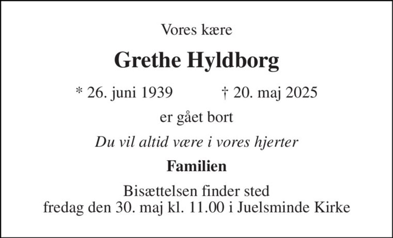 Grethe Hyldborg | Dødsannoncer i Danmark
