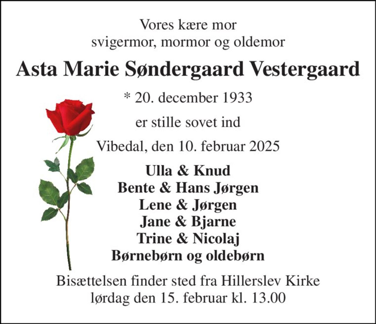 Asta Marie Søndergaard Vestergaard | Dødsannoncer i Danmark