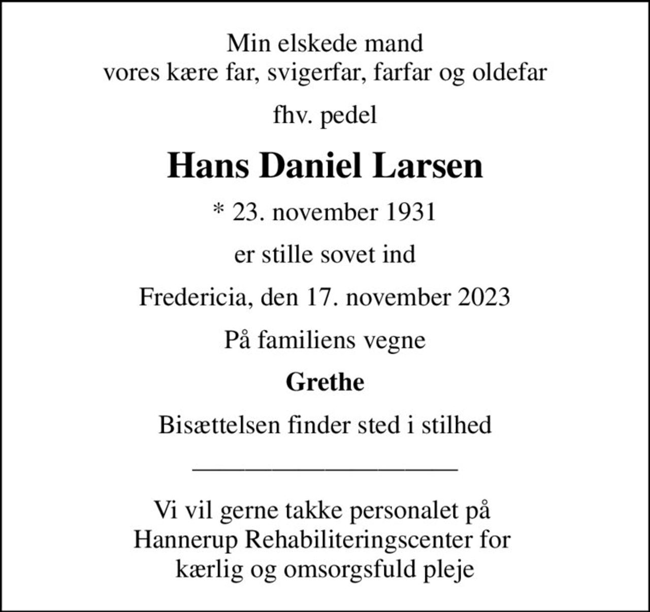 Hans Daniel Larsen | Danmarks største medie for mindesider og dødsannoncer