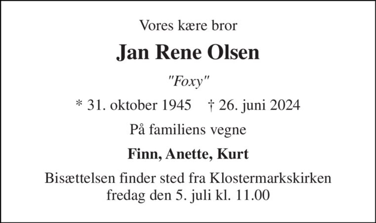 Jan Rene Olsen | Danmarks største medie for mindesider og dødsannoncer
