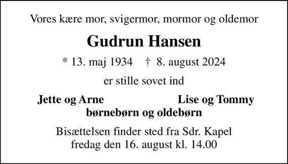 Gudrun Hansen | Dødsannoncer i Danmark