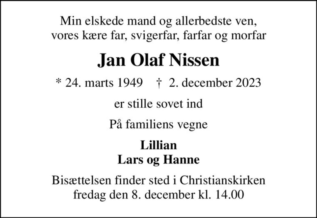 Jan Olaf Nissen | Danmarks største medie for mindesider og dødsannoncer