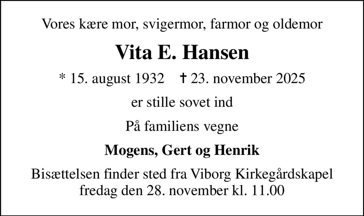 Vita Elise Hansen | Danmarks største medie for mindesider og dødsannoncer