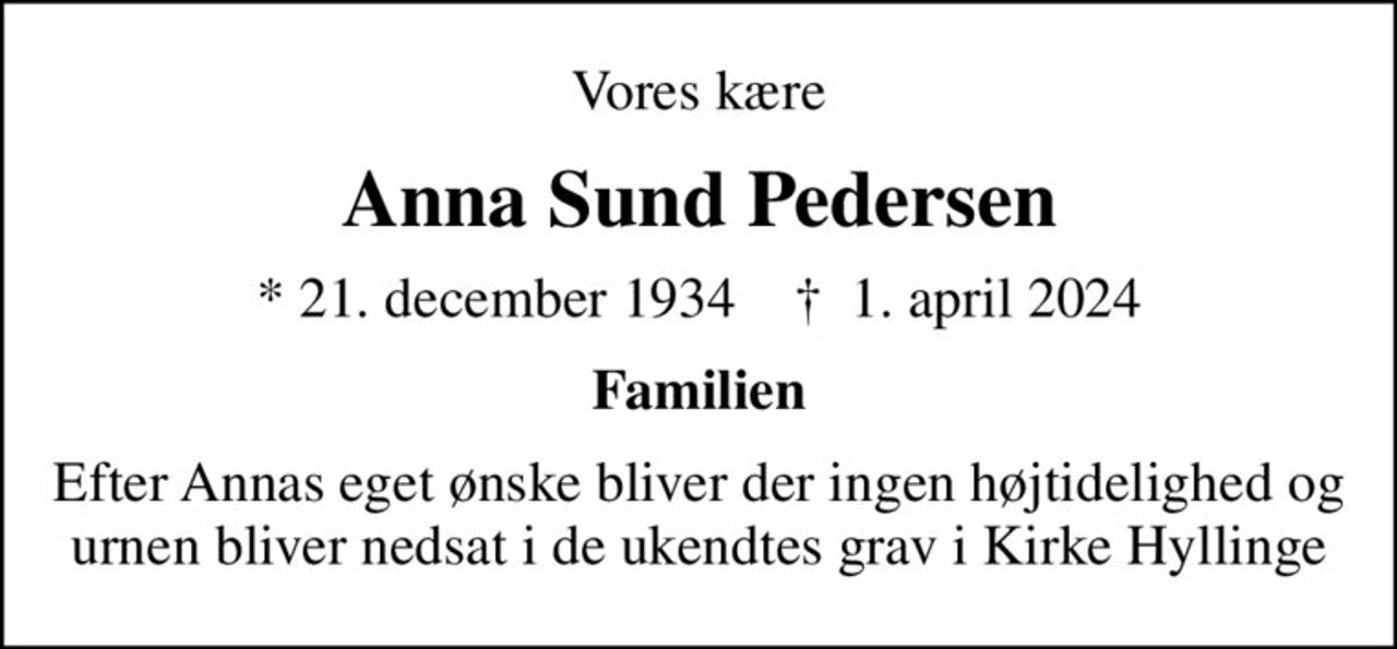 Anna Sund Pedersen | Danmarks største medie for mindesider og dødsannoncer