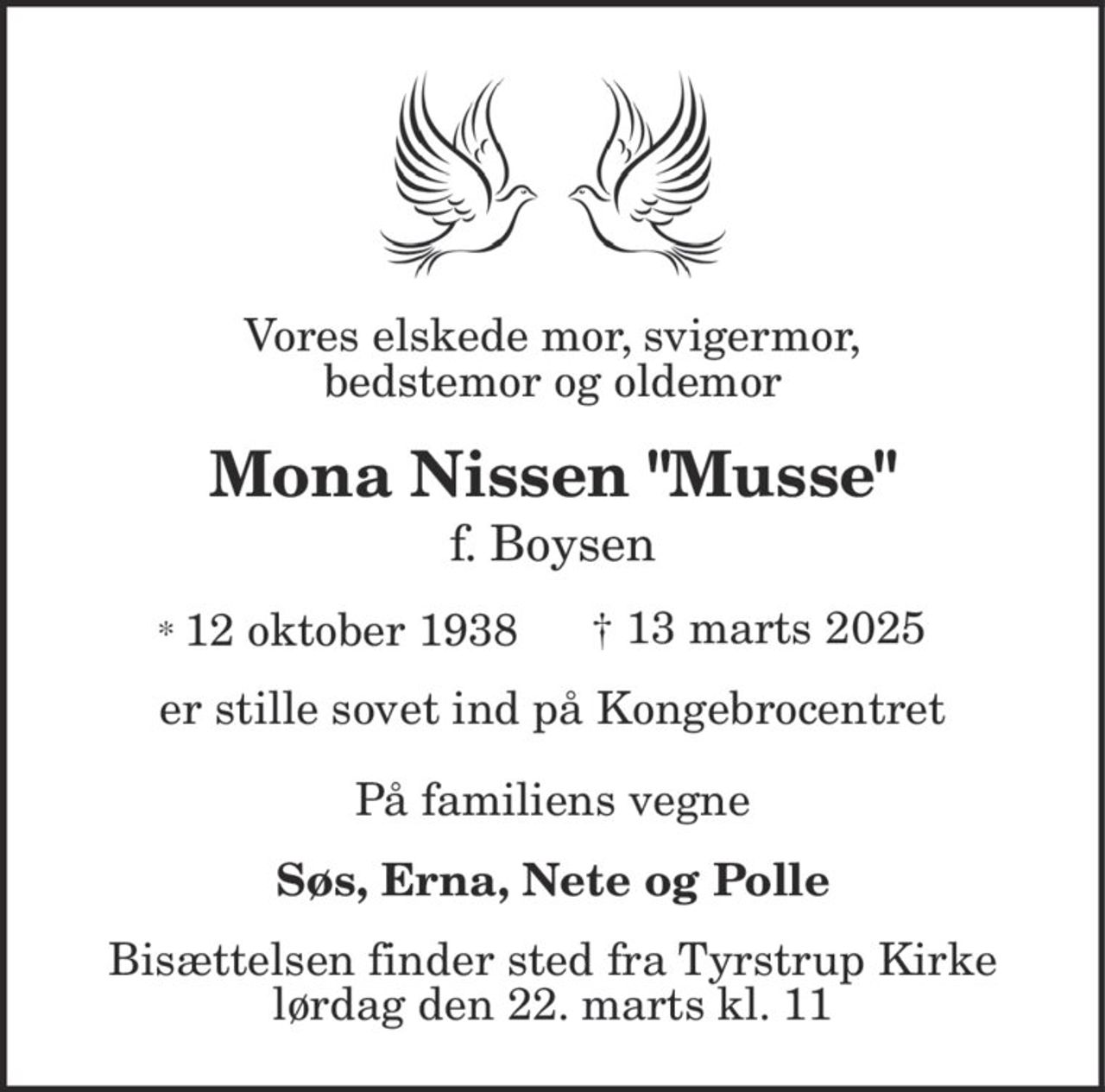 Mona Nissen | Danmarks største medie for mindesider og dødsannoncer