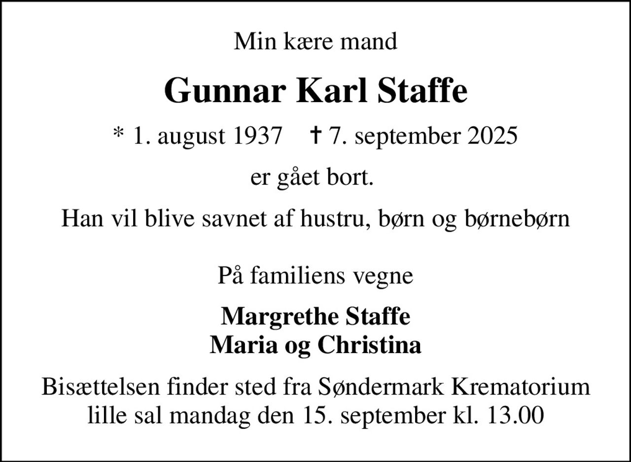 Gunnar Karl Staffe | Dødsannoncer i Danmark