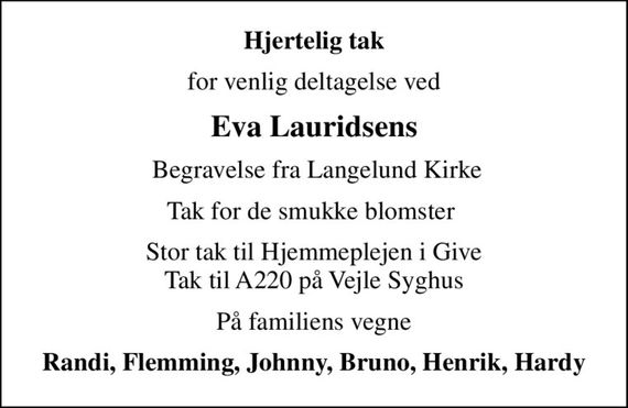Eva Lauridsen | Dødsannoncer i Danmark