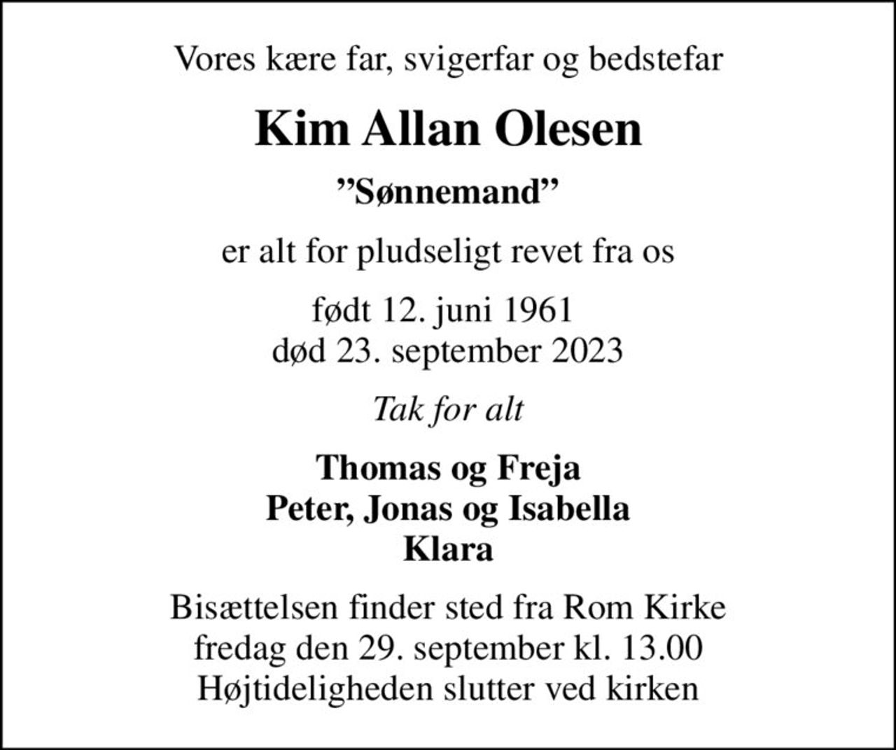 Kim Allan Olesen | Dødsannoncer i Danmark