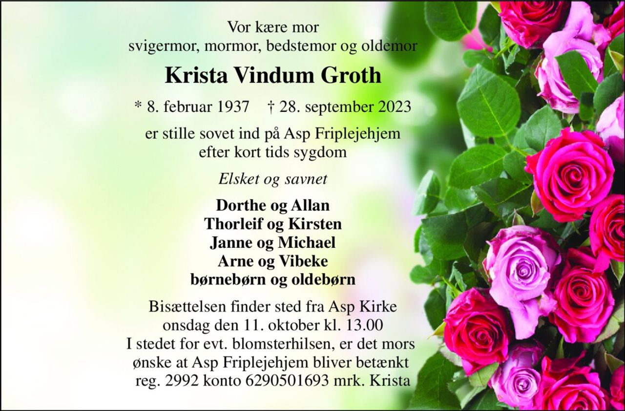 Krista Vindum Groth | Danmarks største medie for mindesider og dødsannoncer