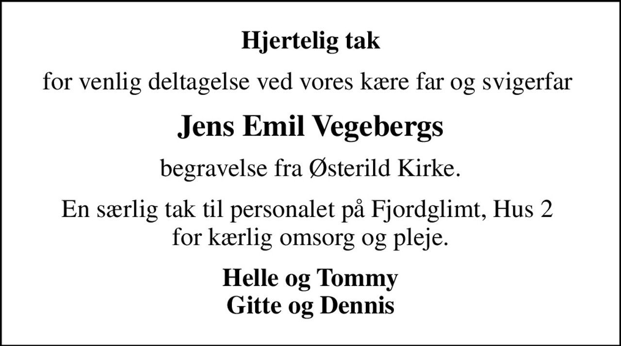 Jens Emil Vegeberg | Danmarks største medie for mindesider og dødsannoncer