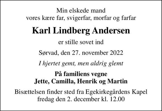 Karl Lindberg Halkjær Bogh Andersen | Dødsannoncer i Danmark