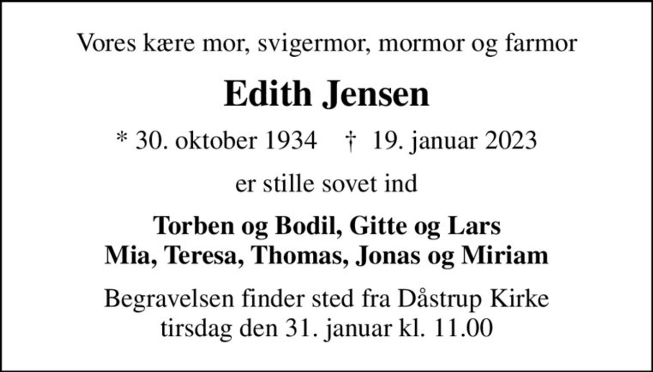 Edith Marie Jensen | Dødsannoncer i Danmark
