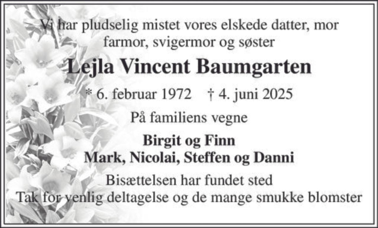 Lejla Vincent Baumgarten | Danmarks største medie for mindesider og ...