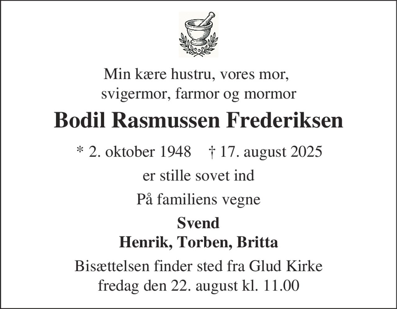 Bodil Rasmussen Frederiksen | Dødsannoncer i Danmark