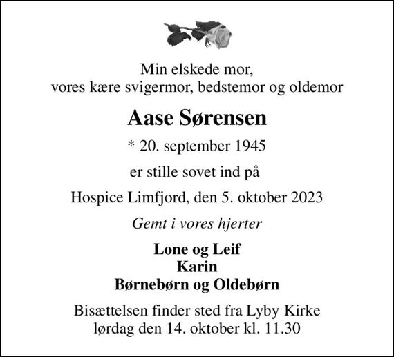 Aase Sørensen | Dødsannoncer i Danmark