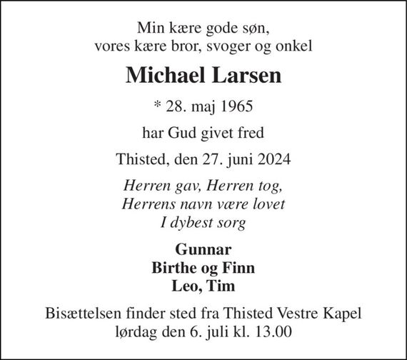 Michael Larsen | Dødsannoncer i Danmark