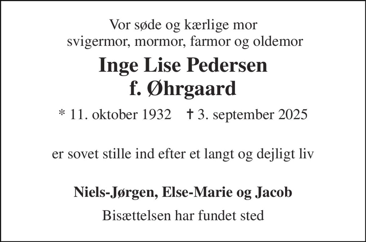 Inge Lise Pedersen | Danmarks største medie for mindesider og dødsannoncer