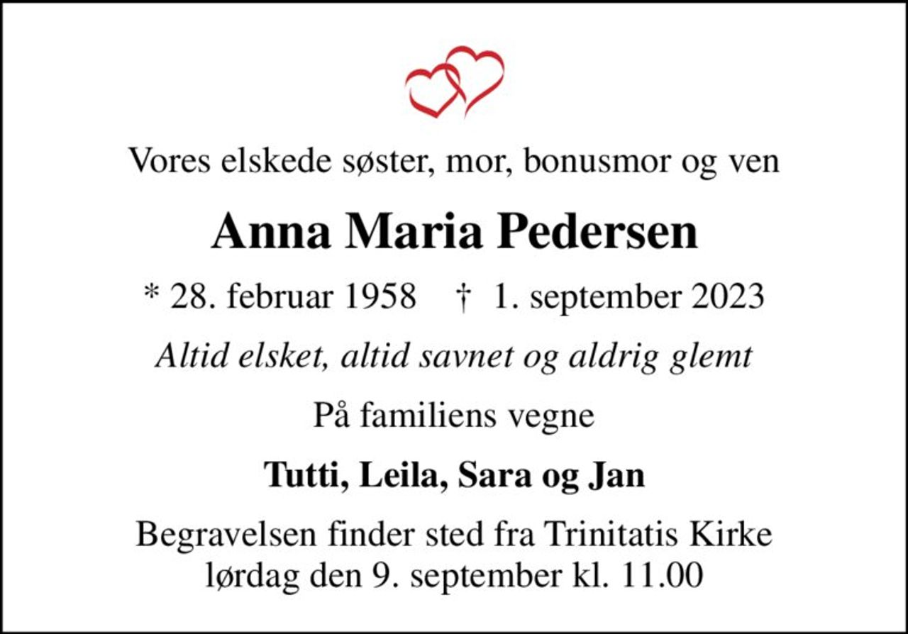 Anna Maria Pedersen | Danmarks største medie for mindesider og dødsannoncer