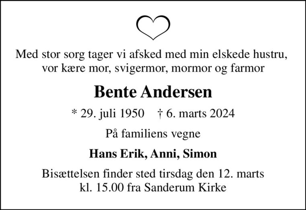 Bente Andersen | Danmarks største medie for mindesider og dødsannoncer