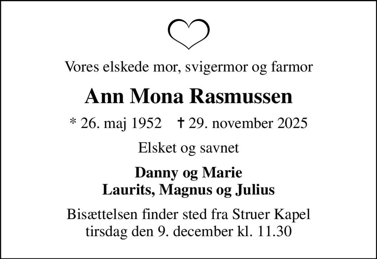 Ann Mona Rasmussen | Danmarks største medie for mindesider og dødsannoncer
