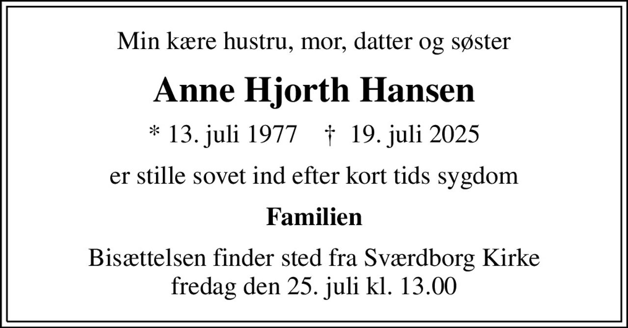 Anne Hjorth Hansen | Danmarks største medie for mindesider og dødsannoncer