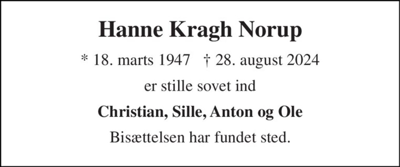 Hanne Kragh Norup | Danmarks største medie for mindesider og dødsannoncer