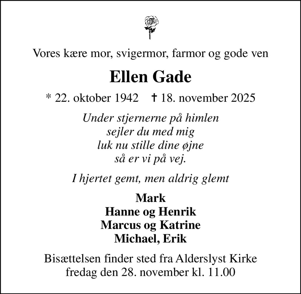 Ellen Gade | Danmarks største medie for mindesider og dødsannoncer