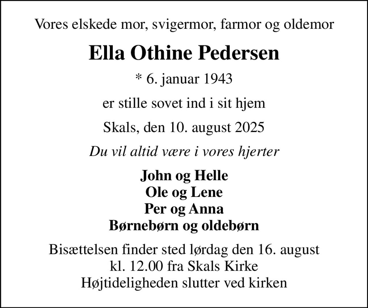Ella Othine Pedersen | Dødsannoncer i Danmark