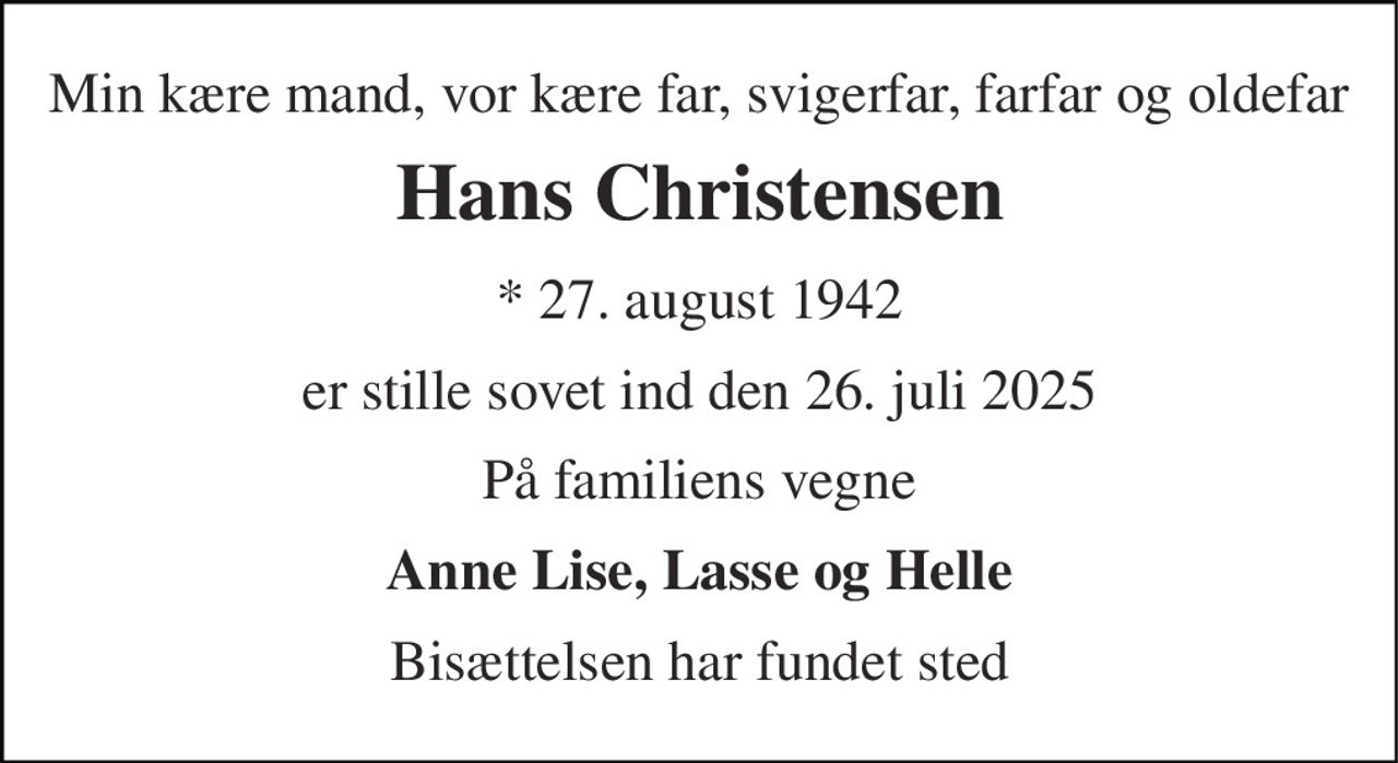 Hans Christensen | Danmarks største medie for mindesider og dødsannoncer