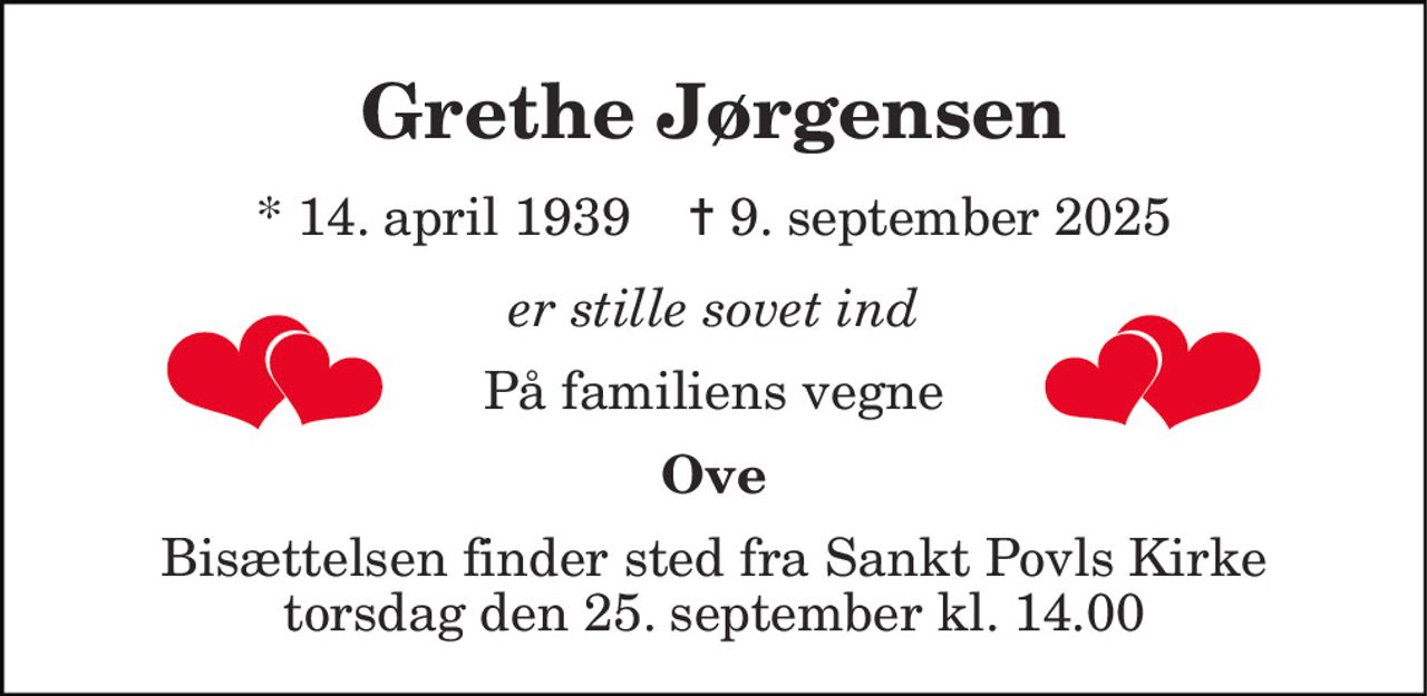 Grethe Jørgensen | Dødsannoncer i Danmark