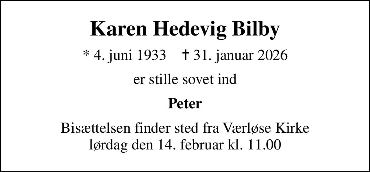 Karen Hedevig Bilby | Danmarks største medie for mindesider og dødsannoncer