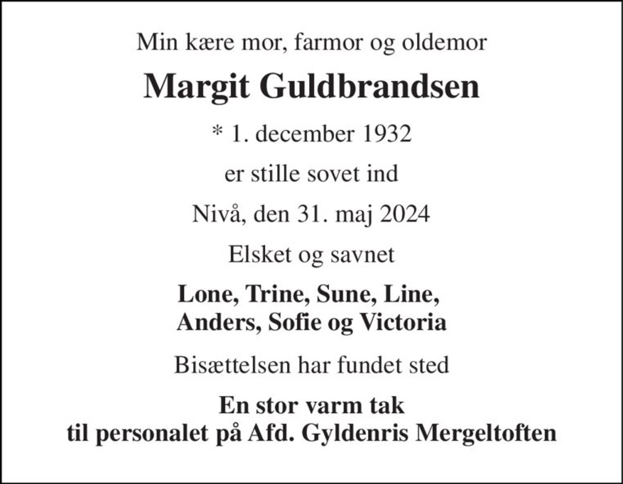 Margit Guldbrandsen | Danmarks største medie for mindesider og dødsannoncer