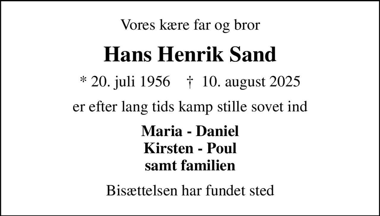 Hans Henrik Sand | Danmarks største medie for mindesider og dødsannoncer