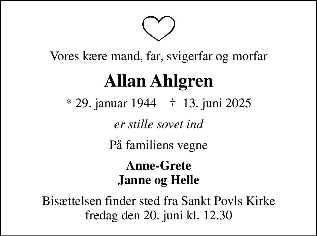 Allan Ahlgren | Dødsannoncer i Danmark
