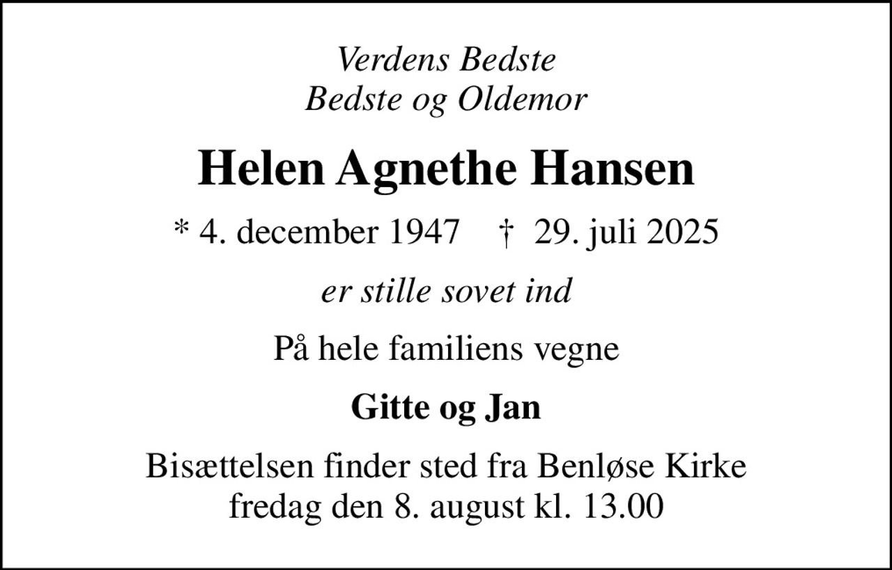 Helen Agnethe Hansen | Dødsannoncer i Danmark