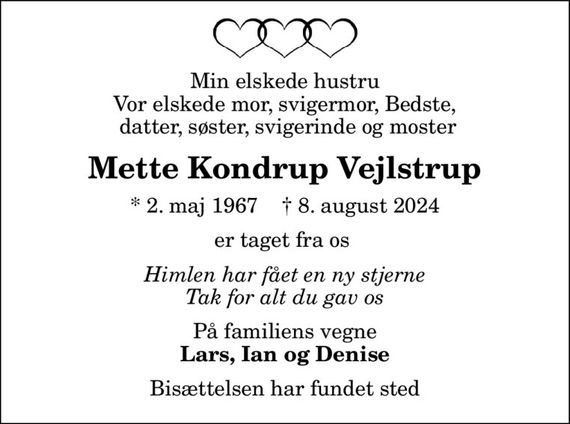 Mette Kondrup Vejlstrup | Dødsannoncer i Danmark