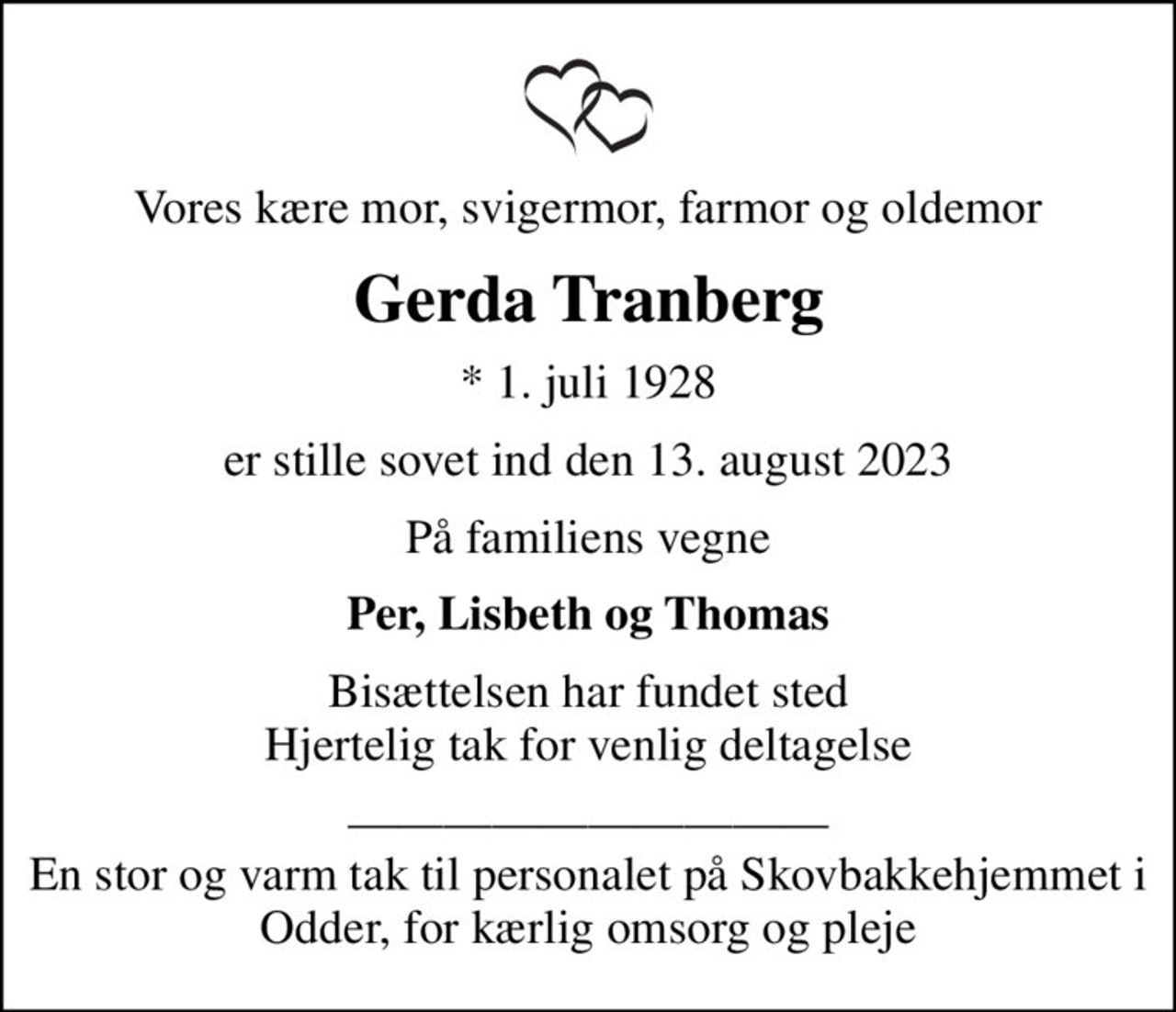 Gerda Tranberg | Dødsannoncer i Danmark