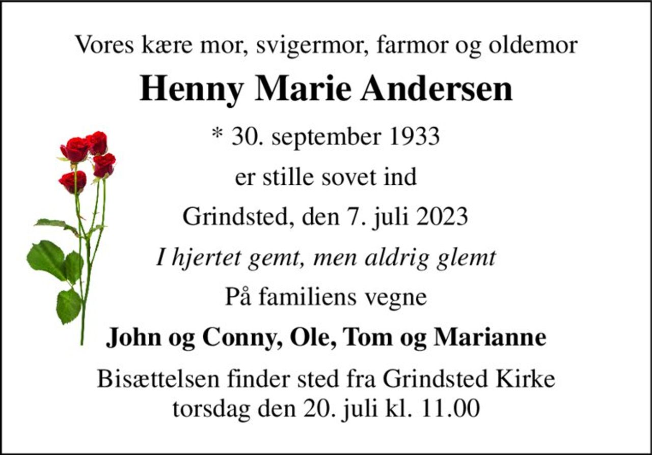 Henny Marie Andersen | Dødsannoncer i Danmark