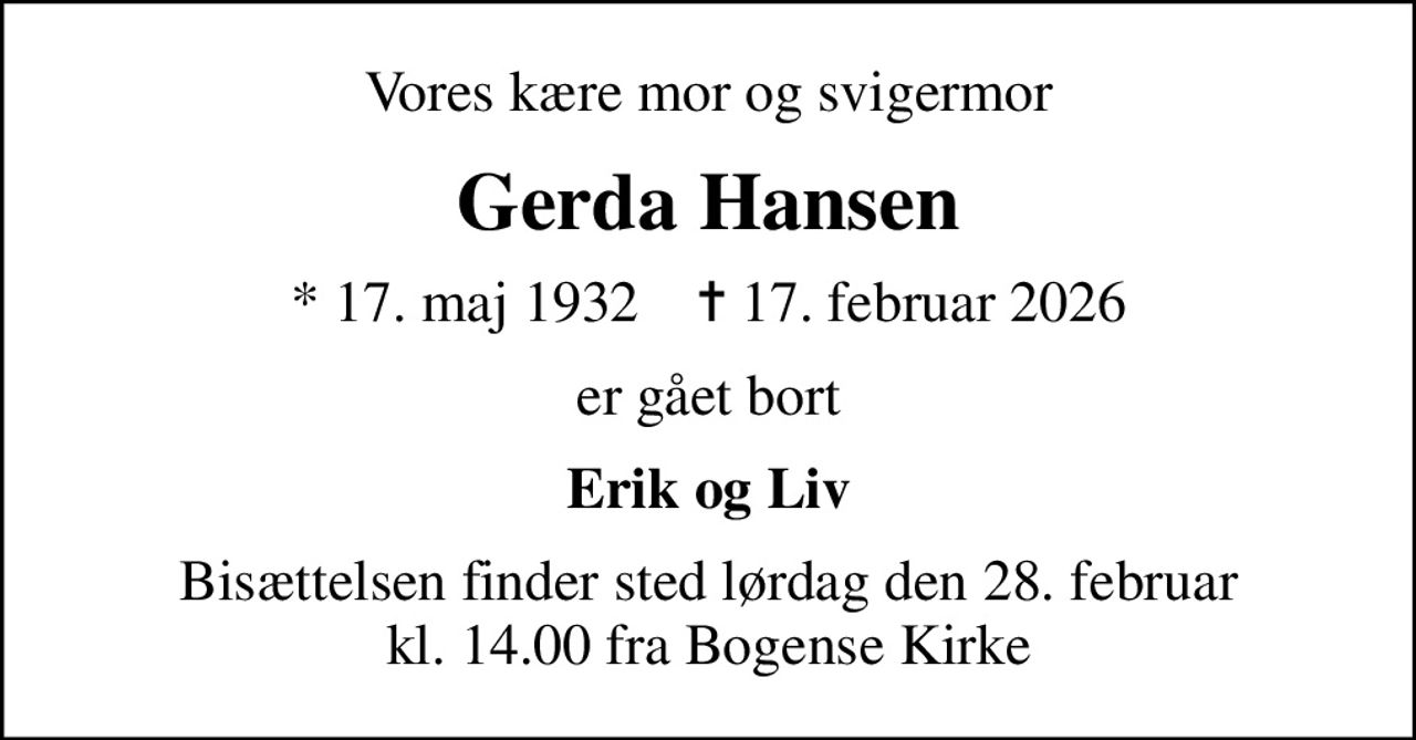 Gerda Hansen | Danmarks største medie for mindesider og dødsannoncer